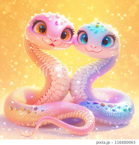 2025 Two cartoon snakes are hugging each other,...のイラスト素材 [116880063 ...