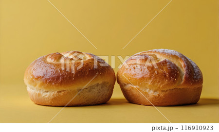 Two buns on a yellow background, close-up,...のイラスト素材 [116910923] - PIXTA