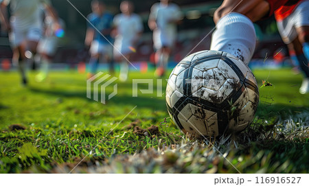 A close-up shot of a soccer ball being kicked...のイラスト素材 [116916527] - PIXTA