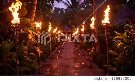 A tranquil torch-lit path leads to a ceremonial...のイラスト素材 [116922003 ...