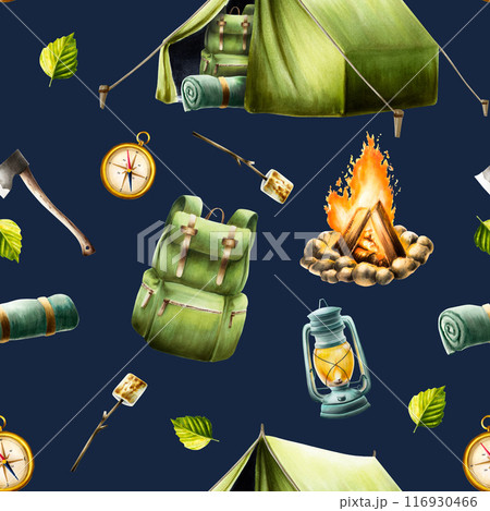 Seamless pattern with campfire, camping axe,...のイラスト素材 [116930466] - PIXTA