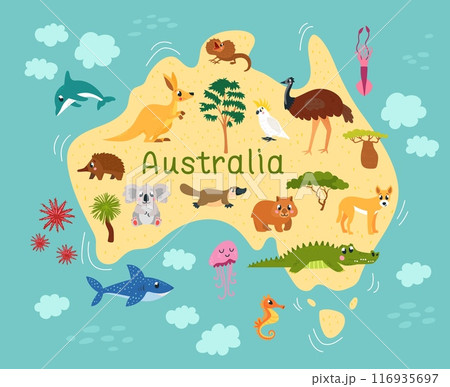 Australian animals map. Australia fauna, ocean...のイラスト素材 [116935697 ...