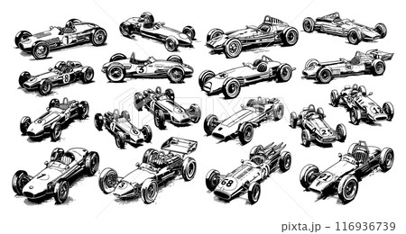 Old School Formula 1 Cars Engraving Style Icons...のイラスト素材 [116936739 ...