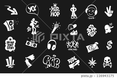 rap music graffiti break dance symbols icon set...のイラスト素材 [116943175 ...