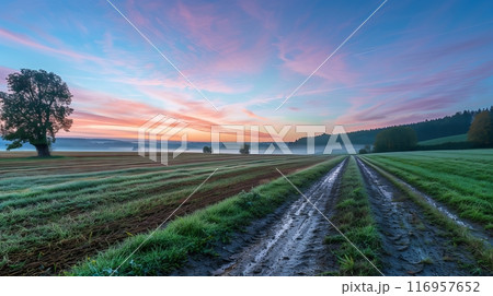 Dawn in a rural landscape: dewy fields and a...のイラスト素材 [116957652] - PIXTA