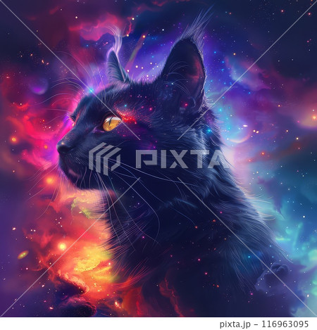 Black Cat Silhouetted Against a Cosmic Nebulaのイラスト素材 [116963095] - PIXTA