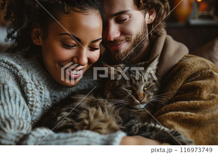 Couple Cuddling Cat Sharing cozy moments with...のイラスト素材 [116973749] - PIXTA