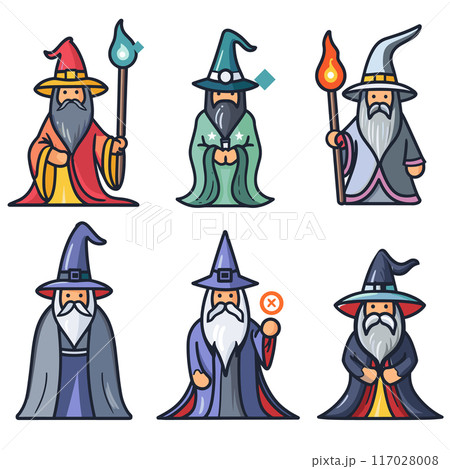 Six cartoon wizards wearing colorful robes...のイラスト素材 [117028008] - PIXTA