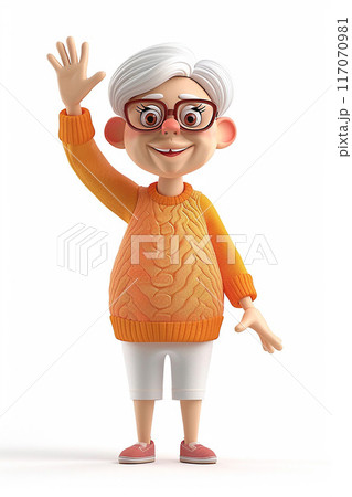 Elderly 3D woman waving with one hand, cheerful...のイラスト素材 [117070981 ...