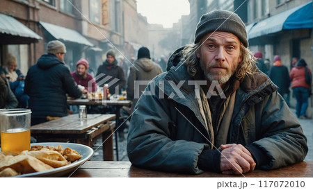 A homeless man, seated at an outdoor dining...のイラスト素材 [117072010] - PIXTA