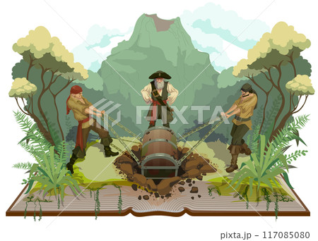 Pirates dig treasure chest island treasure open...のイラスト素材 [117085080 ...