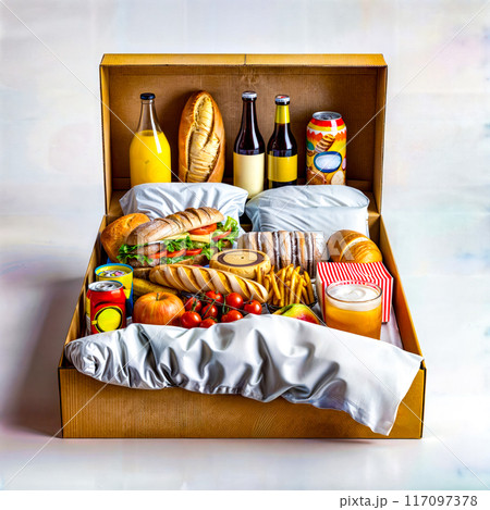Box filled with lots of food and condiments on...のイラスト素材 [117097378 ...