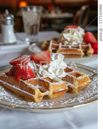 Delicious Belgian waffles served on a fine...のイラスト素材 [117102066] - PIXTA