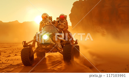 Two astronauts riding a rover across the...のイラスト素材 [117103991] - PIXTA