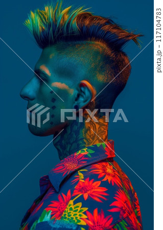 Profile view of a man with a colorful mohawk,...のイラスト素材 [117104783] - PIXTA