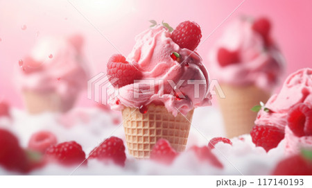 Pink color raspberry ice cream with berries...のイラスト素材 [117140193] - PIXTA