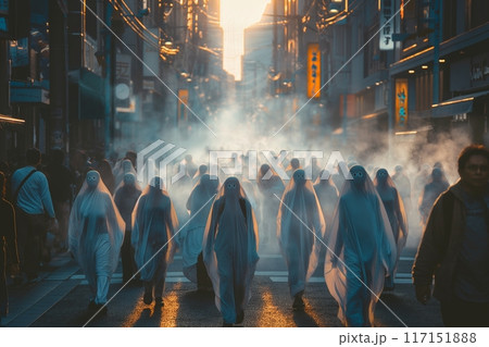 Spectral crowd in ghost costumes crosses a...のイラスト素材 [117151888] - PIXTA