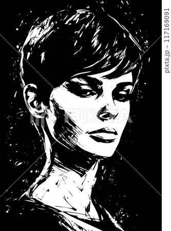 Woman portrait in hand drawing or engraving...のイラスト素材 [117169091] - PIXTA