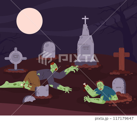 Resurrection of zombies in the cemetery flat...のイラスト素材 [117179647] - PIXTA