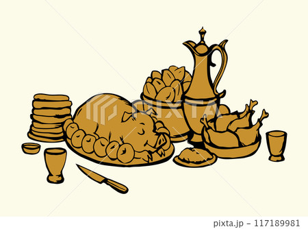 Vector drawing. Tasty feast foodのイラスト素材 [117189981] - PIXTA