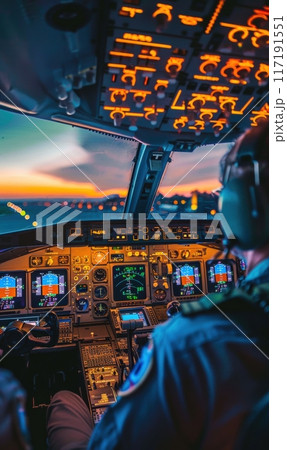 Airplane Pilot in Cockpit During Evening...のイラスト素材 [117191551] - PIXTA