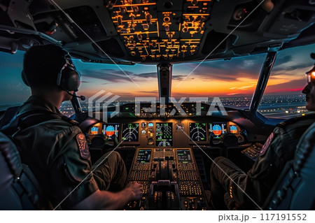 Airplane Pilot in Cockpit During Evening...のイラスト素材 [117191552] - PIXTA