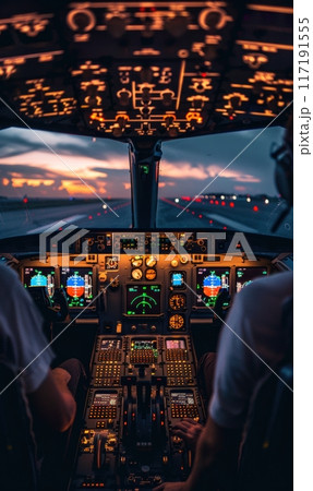 Airplane Pilot in Cockpit During Evening...のイラスト素材 [117191555] - PIXTA