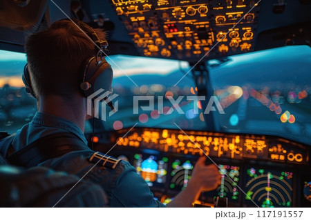 Airplane Pilot in Cockpit During Evening...のイラスト素材 [117191557] - PIXTA