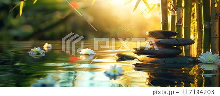 Serene Zen Stones with Sunset Reflection in Waterのイラスト素材 [117194203 ...