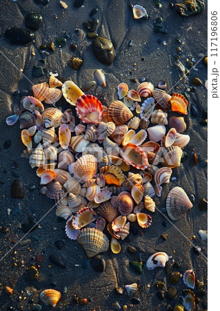 Heart-Shaped Shell Arrangement on Beach Sand. A...のイラスト素材 [117196806 ...