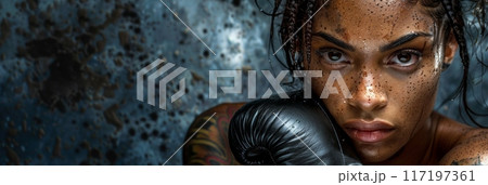female boxer, clad in gloves, stands in a...のイラスト素材 [117197361] - PIXTA