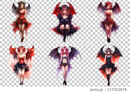 Six Anime Girls with Devil Horns and Wings in...のイラスト素材 [117201678] - PIXTA