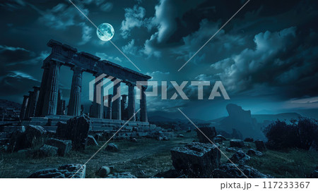 Dramatic view of Ancient temple ruins at night,...のイラスト素材 [117233367 ...