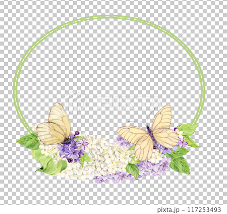 Elegant oval frame with lilacs and butterflies....のイラスト素材 [117253493 ...
