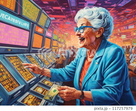 Happy elderly woman at the slot machines. AI...のイラスト素材 [117257979] - PIXTA