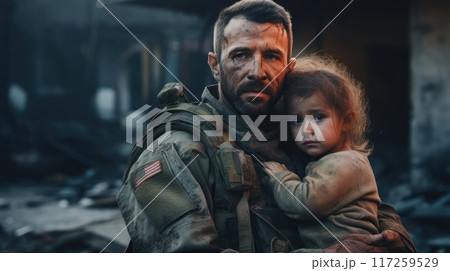 Brave Soldier Rescuing Distressed Child in...のイラスト素材 [117259529] - PIXTA