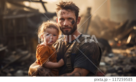 Brave Soldier Rescuing Distressed Child in...のイラスト素材 [117259585] - PIXTA