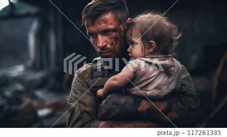 Brave Soldier Rescuing Distressed Child in...のイラスト素材 [117261385] - PIXTA