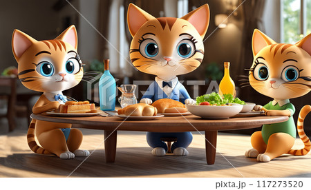 A family of cats are having lunchのイラスト素材 [117273520] - PIXTA