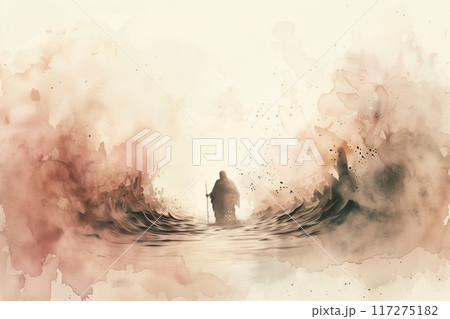 Moses stands alone, holding staff, gazing...のイラスト素材 [117275182] - PIXTA