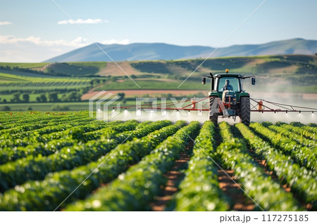 Tractor plows through green field, cutting soil...のイラスト素材 [117275185 ...