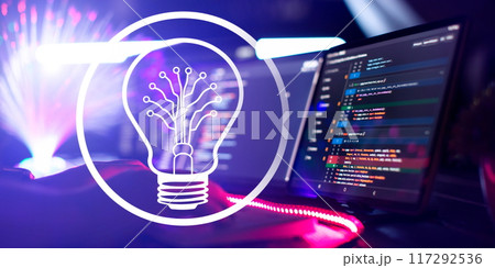 Creative glowing light bulb with computer...の写真素材 [117292536] - PIXTA