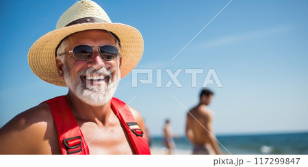 Smiling senior man lifeguard wearing a straw...のイラスト素材 [117299847] - PIXTA