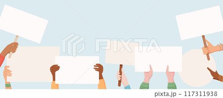 Diverse hands hold protest signs and placards....のイラスト素材 [117311938 ...