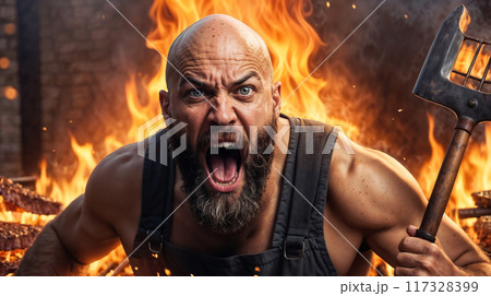 Strong bbq holding ax and screaming near...のイラスト素材 [117328399] - PIXTA