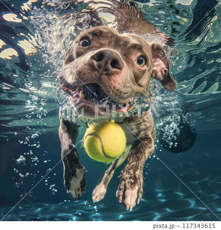 Pit Bull Dog Swimming Underwater Chasing Tennis...のイラスト素材 [117343615 ...