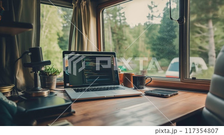 Serene home office setup inside a caravan...のイラスト素材 [117354807] - PIXTA