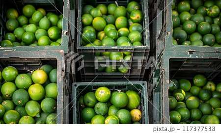 Green lime storage. Set of raw lime in boxes....のイラスト素材 [117377538] - PIXTA