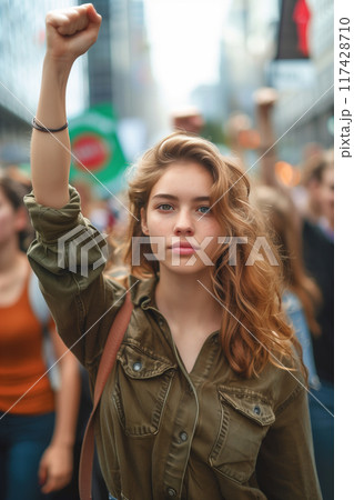 Young woman leads crowd in protest Shouting and...のイラスト素材 [117428710 ...