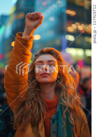 Young woman leads crowd in protest Shouting and...のイラスト素材 [117428712 ...